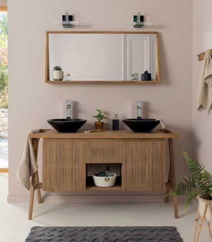 Salle de bains teck double vasque noire NAGALI | Cocktail Scandinave